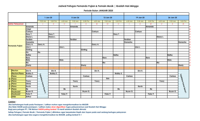 Jadwal Singer & Pemusik - JAN 2025 | PDF