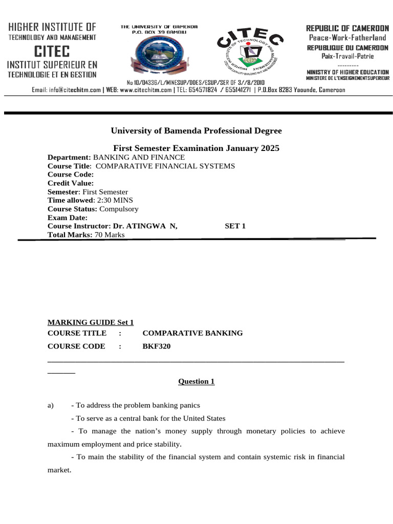 Set 1 Mark Guide of Comparative Banking System | PDF | Federal Reserve ...