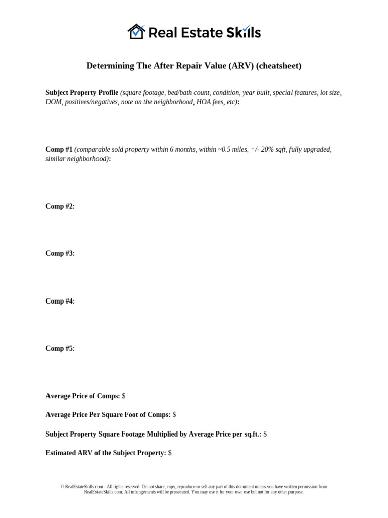 Determining The After Repair Value ARV Cheatsheet | PDF