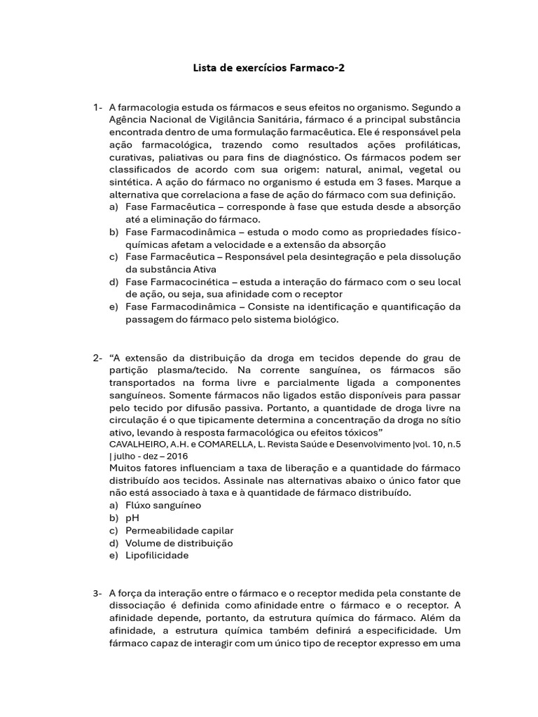 Lista de Exerc Cios Farmaco-2 | PDF | Farmacocinética | Farmacologia