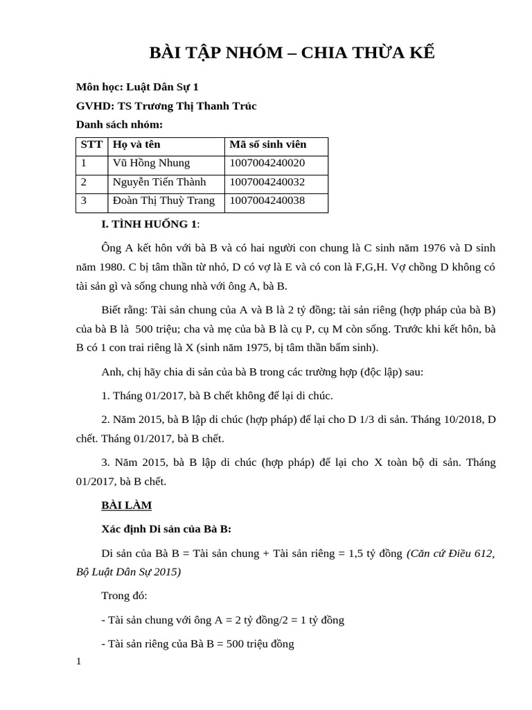 Luật Dân sự 1 - BT Thừa kế (Nhung, Thành, Trang) | PDF