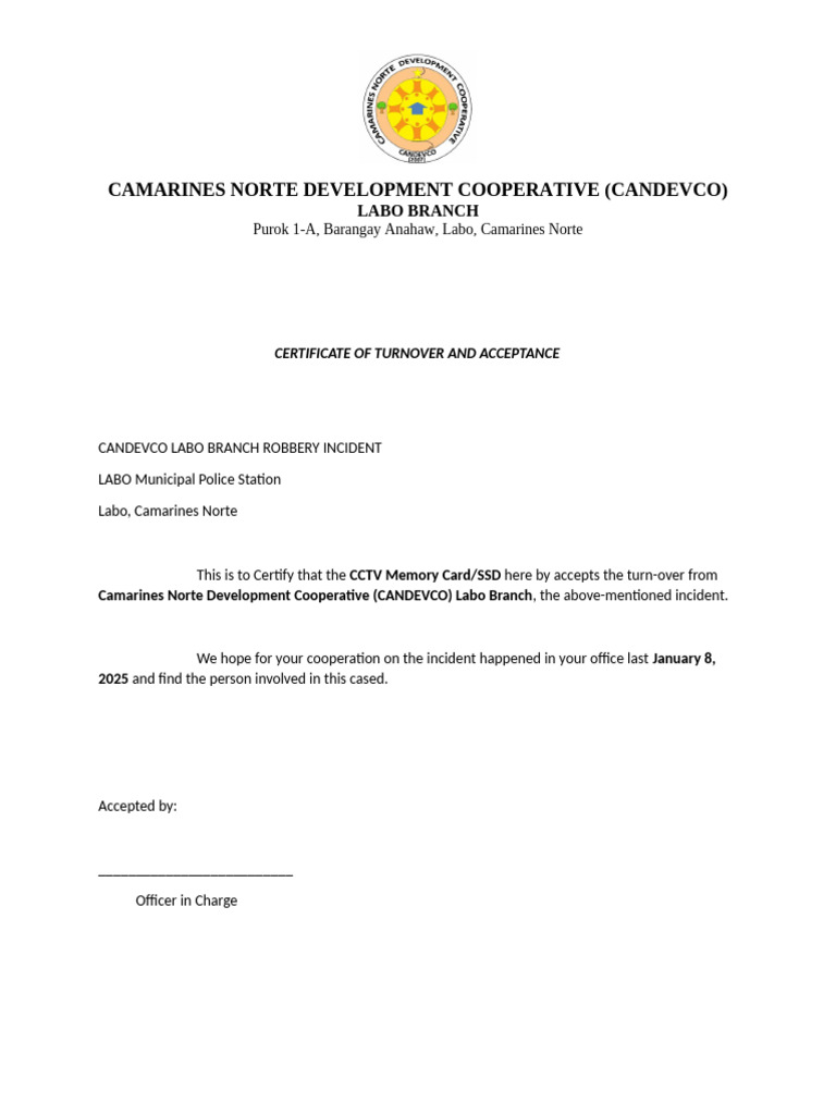 Certificate of Turnover and Acceptance | PDF