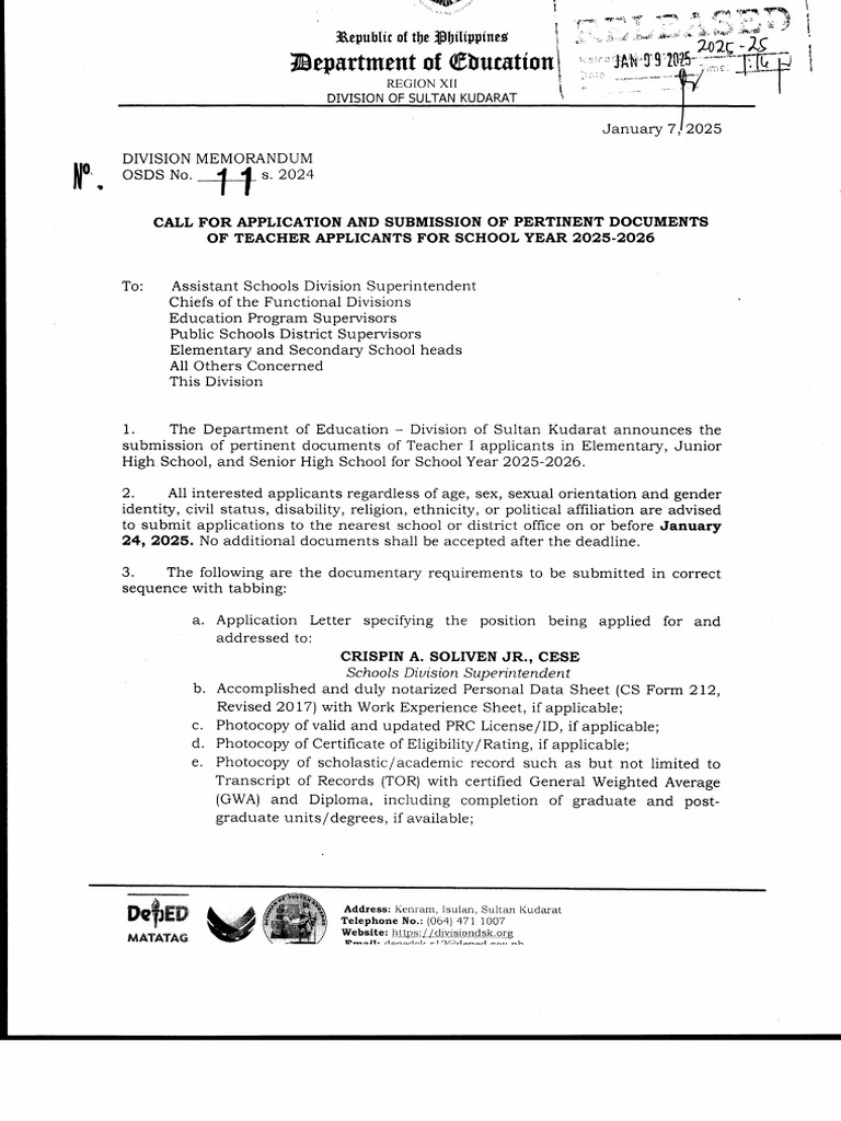 DIVISION MEMORANDUM OSDS No. 11, S. 2025 | PDF