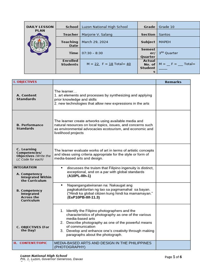 Arts 10 Daily Lesson Plan Semi Detailed Template 4as4 | PDF | Image ...
