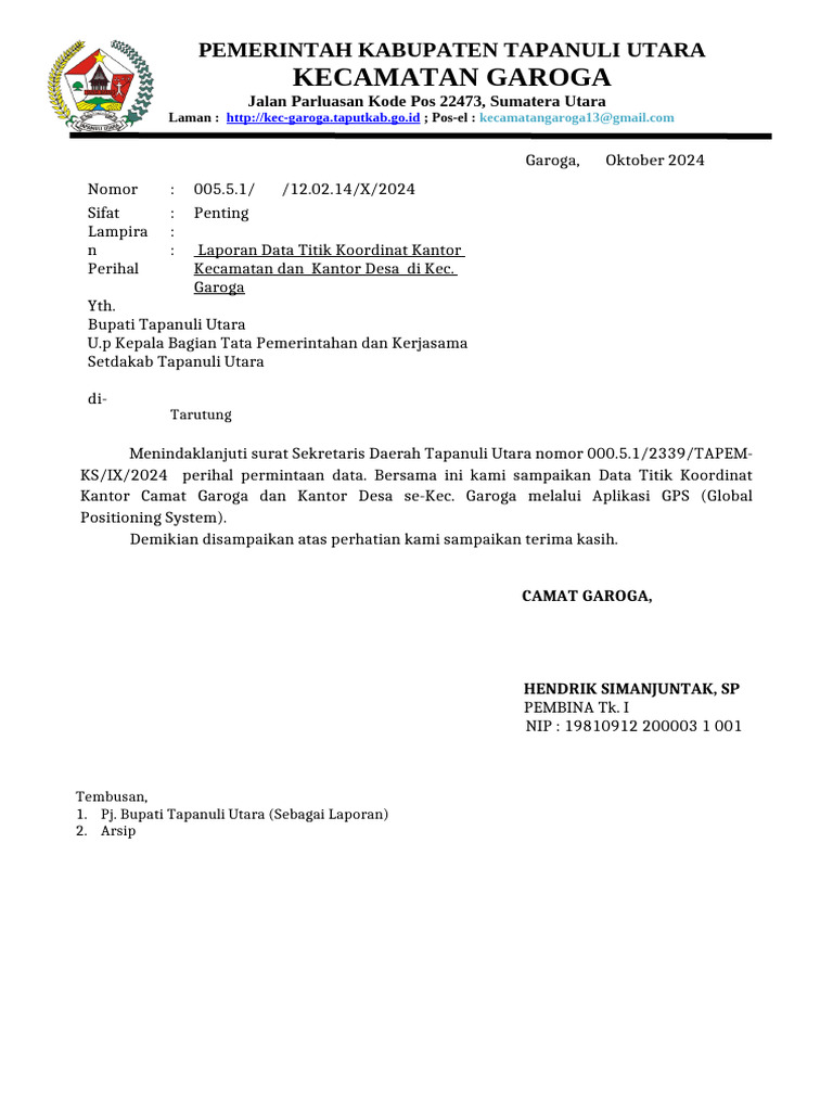 Balasan Surat Titik Koordinat Kec. Garoga | PDF