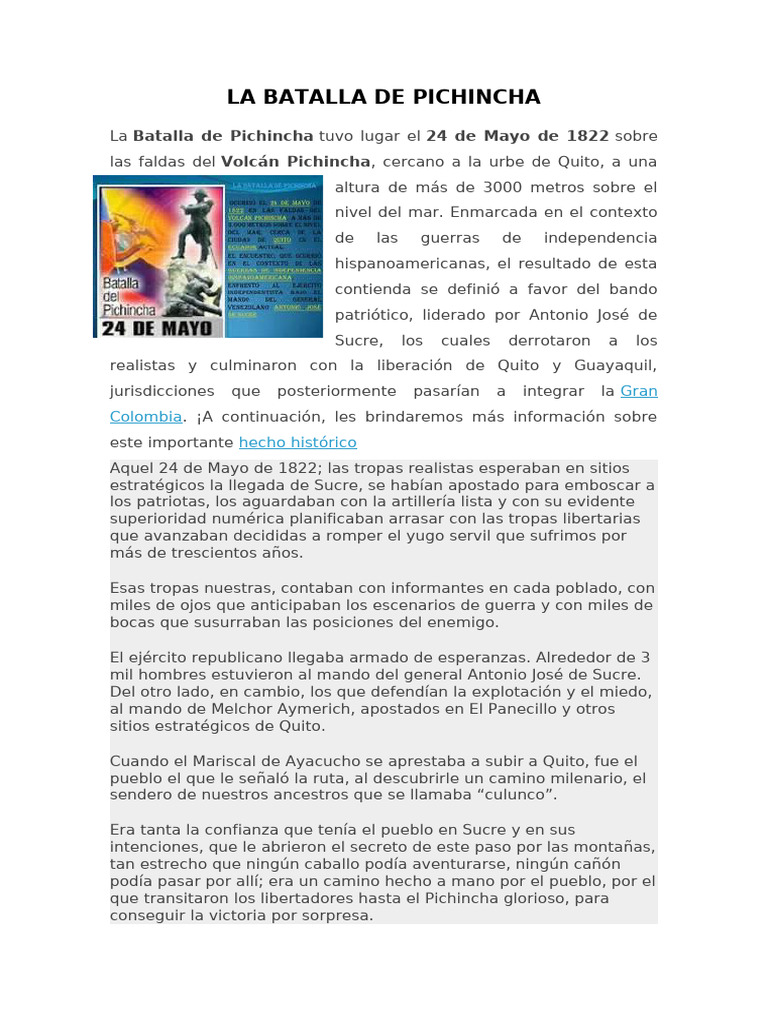 Batalla de Pichincha: Libertad en 1822 | PDF