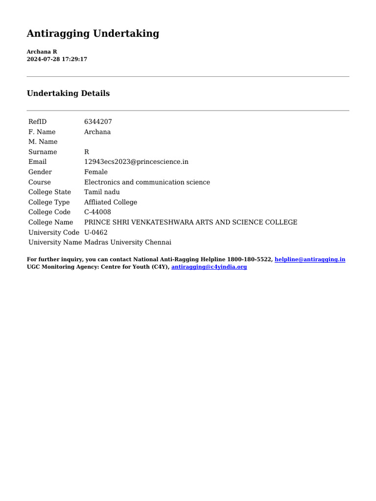 Anti Ragging Affidavit Form | PDF