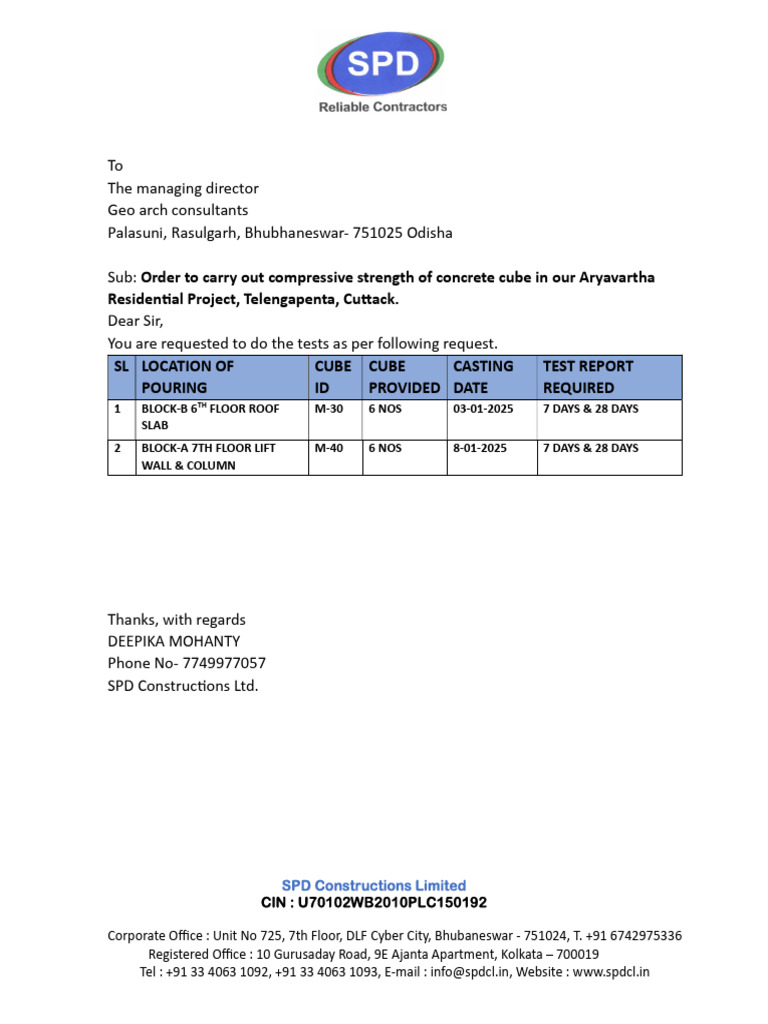 Concrete Strength Test Order for SPD | PDF