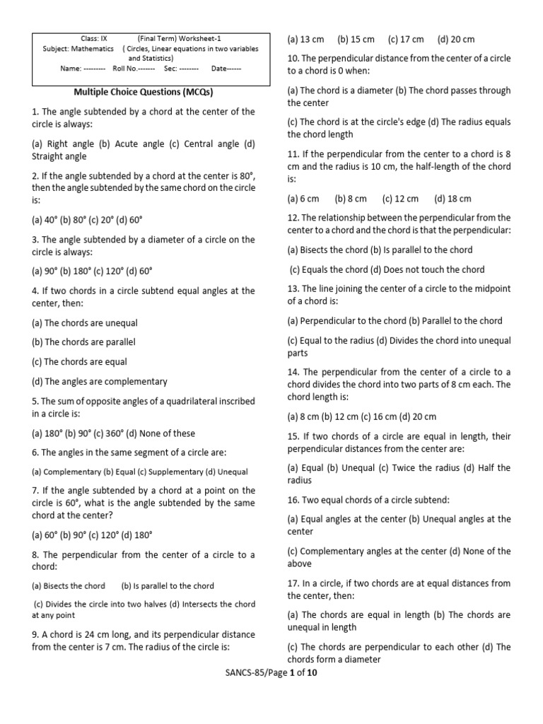 Class 9 New Worksheet Circles, Linear and Statistics | PDF | Circle ...