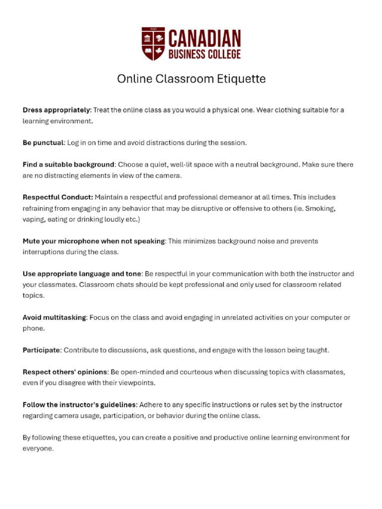 Online Classroom Etiquette - CBC Instructor Resources | PDF