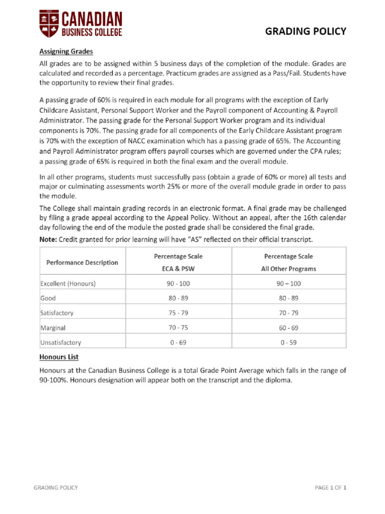 Grading Policy - CBC Instructor Resources | PDF