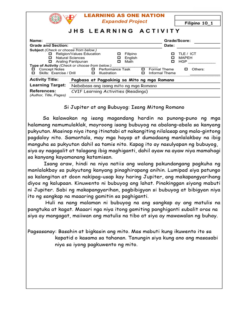 Filipino 10 LAS 1 Pagbasa at Pagpakinig Sa Mito NG Mga Romano | PDF