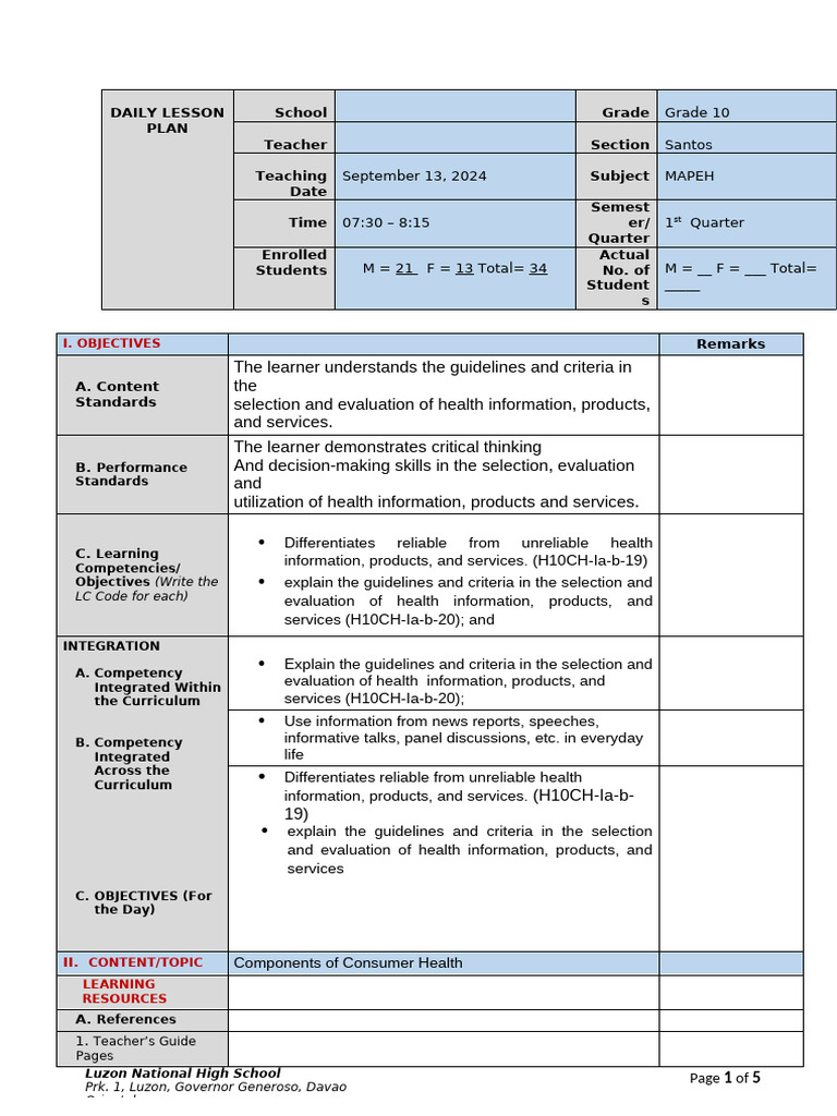 Grade 10 MAPEH Daily Lesson Plan | PDF | Lesson Plan | Curriculum