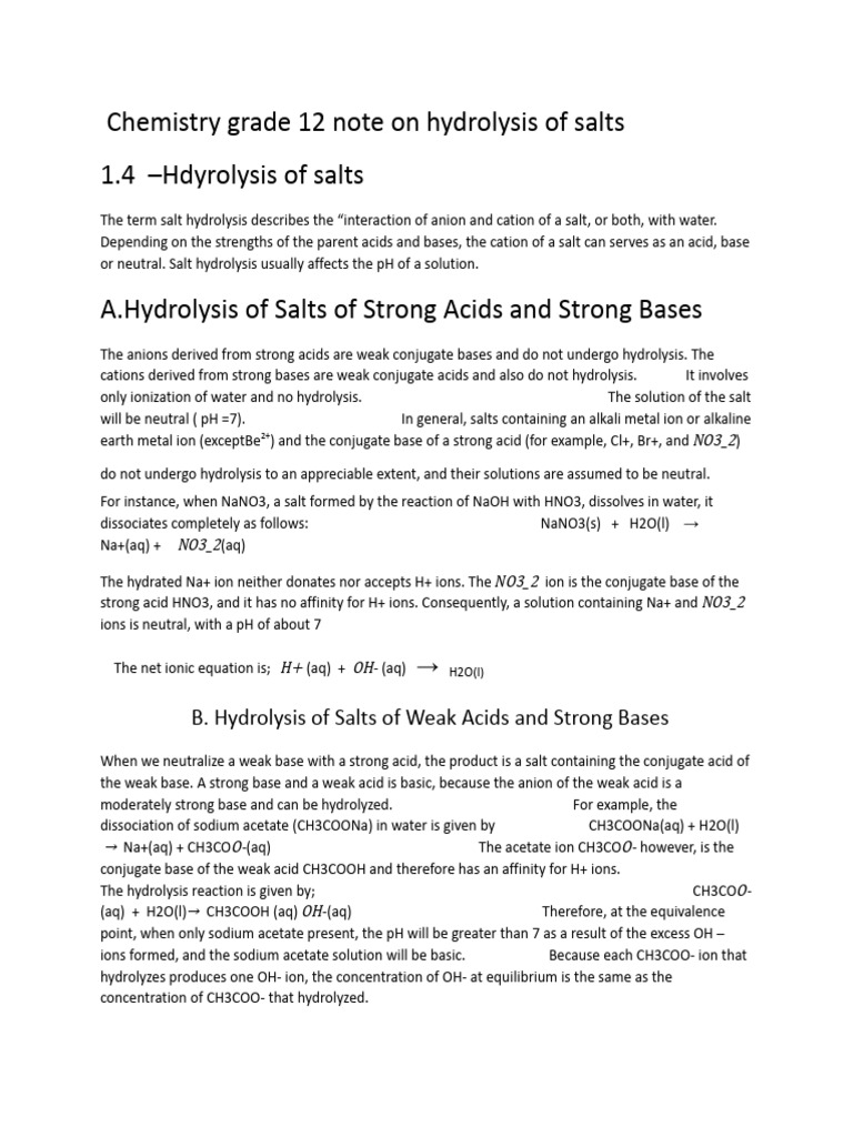 note grade 12 hydrolysis of salt.rtf | PDF | Acid | Salt (Chemistry)