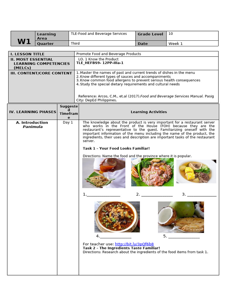 FBS Week 1 Grade 10 | PDF | Sauce | Mayonnaise