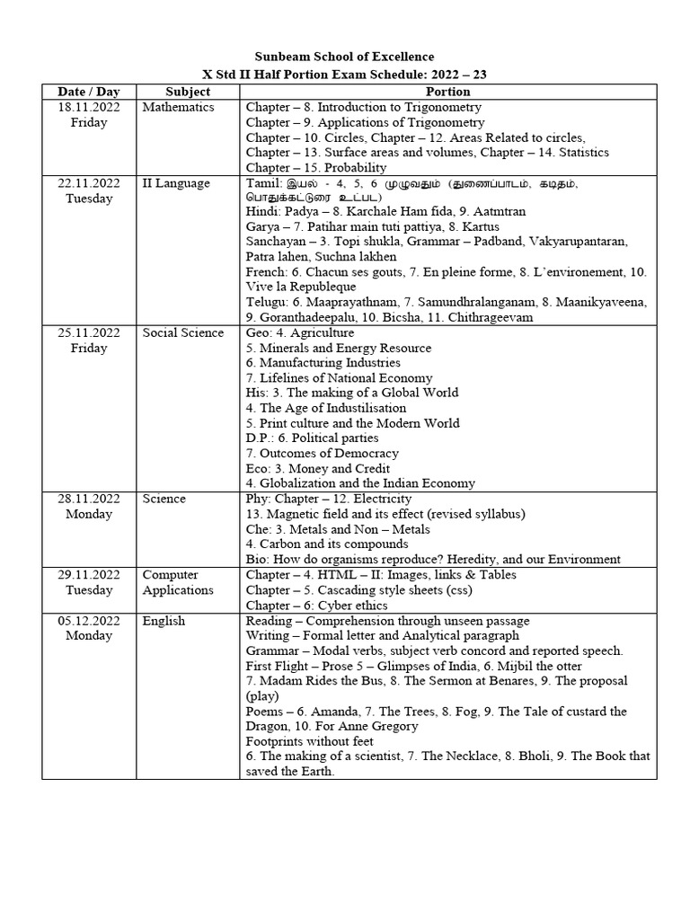 X Std II Exam Schedule 2022-23 | PDF | Linguistics