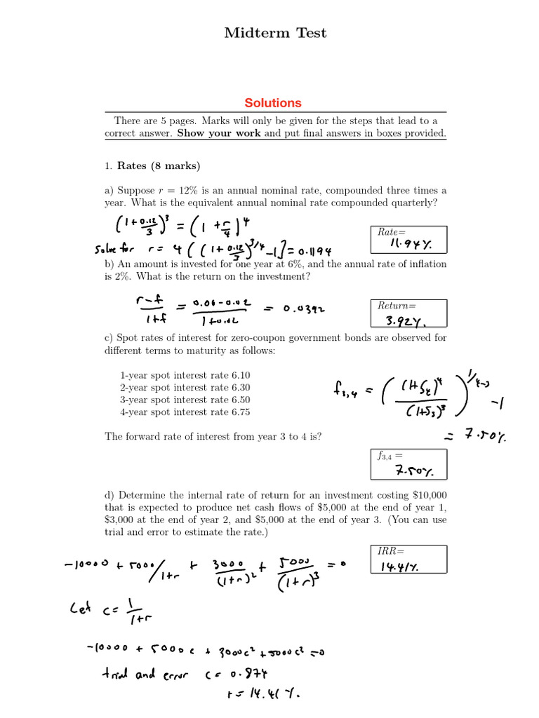 Midterm Solutions | PDF | Bond Duration | Bonds (Finance)