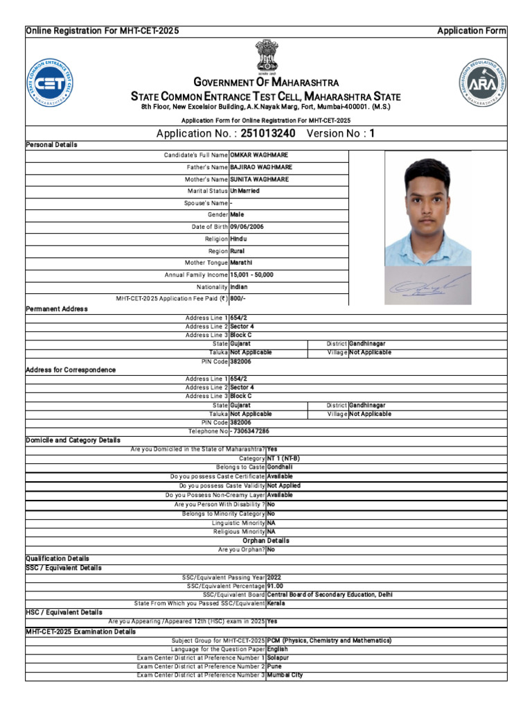 MHT-CET-2025 Online Registration Form | PDF | University And College ...