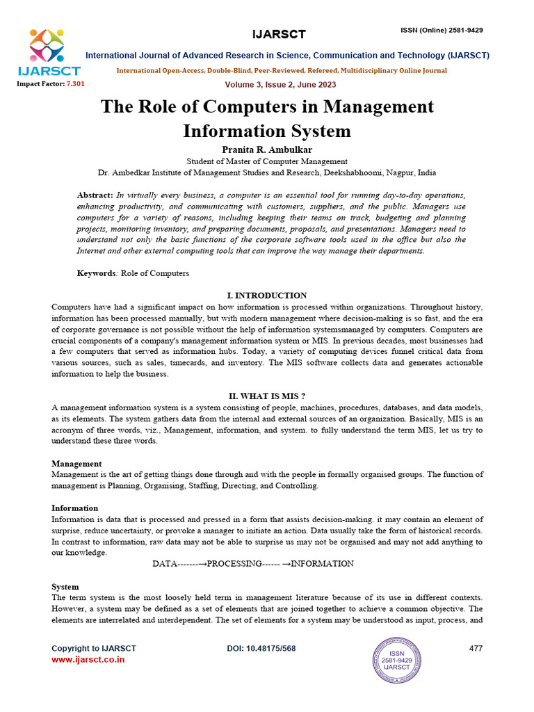 Paper11397 Role of Computers in Mis | PDF | System | Management ...