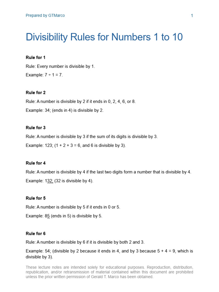 Divisibility Rules For Numbers 1 To 10 | PDF