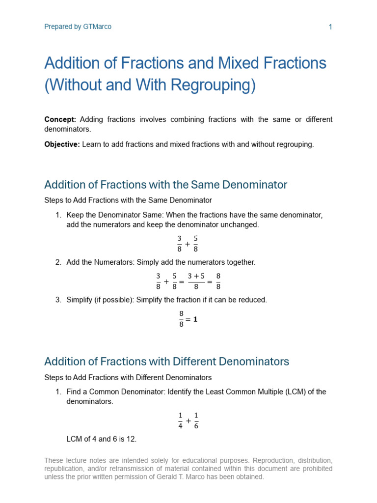 Addition of Fractions and Mixed Fractions - Without and With Regrouping | PDF | Mathematical ...