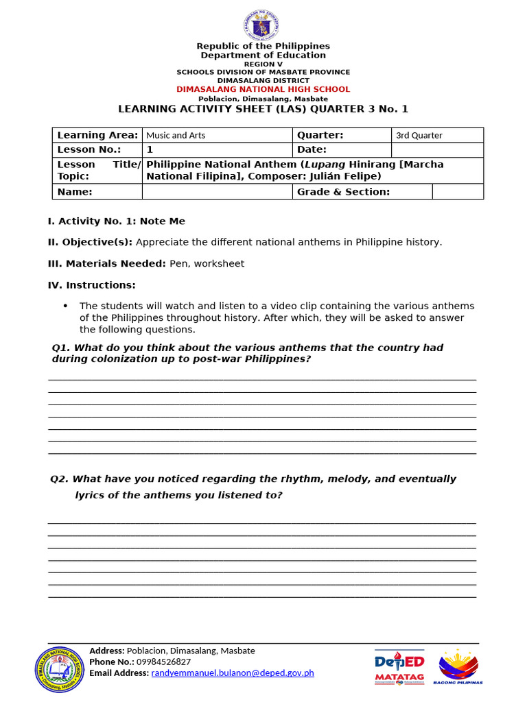 Learning Activity Sheet Las Quarter 3 No 1 | PDF