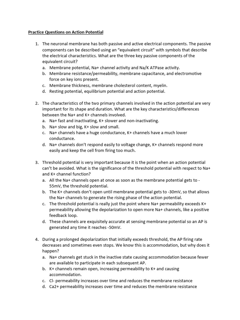 Practice Questions On Action Potential - Dr. Magnuson | PDF | Action ...