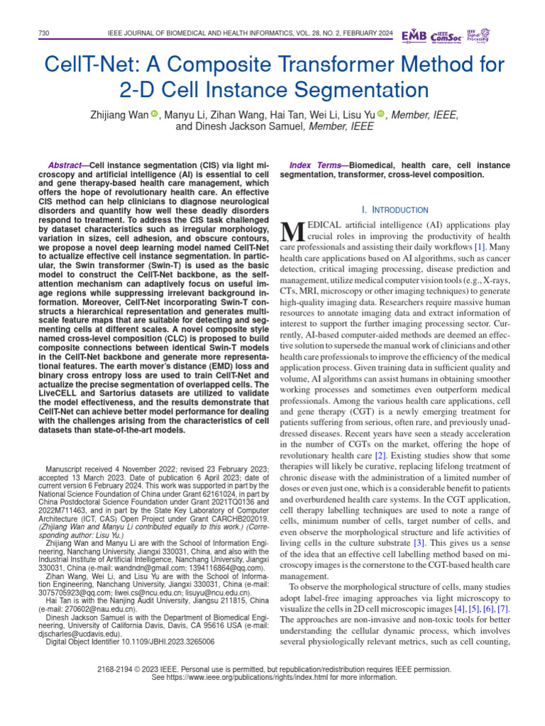 CellT-Net A Composite Transformer Method For 2-D Cell Instance Segmentation | PDF | Image ...