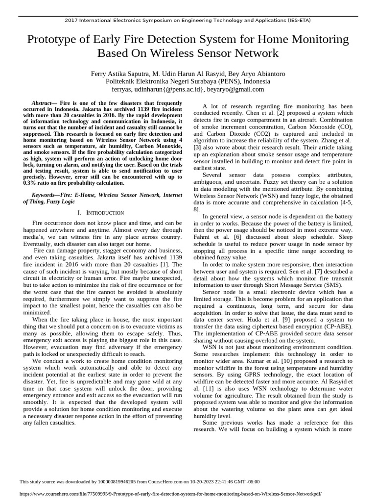 Prototype of Early Fire Detection System For Home Monitoring Based On Wireless Sensor Network ...