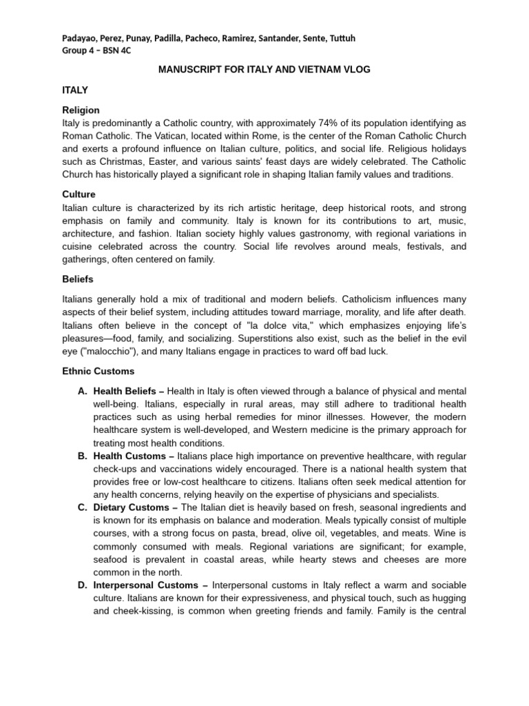 MANUSCRIPT FOR ITALY AND VIETNAM VLOG BSN 4C G4 Final | PDF | Vietnamese Cuisine | Vietnam