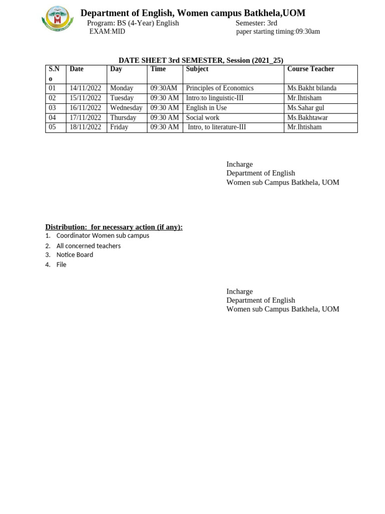 3rd Semester Exam Date Sheet - English UOM | PDF