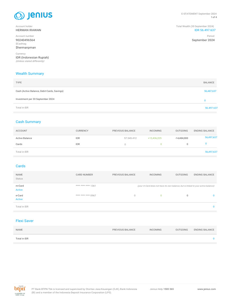Jenius Bank Statement - Sept 2024 | PDF | Indonesian Rupiah | Banking