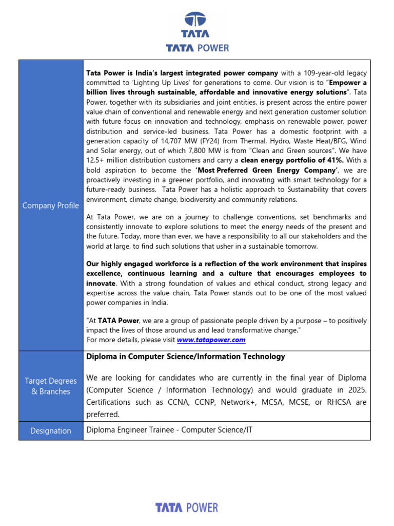 Job Description - Tata Power - DET (Computer Science and IT) | PDF ...