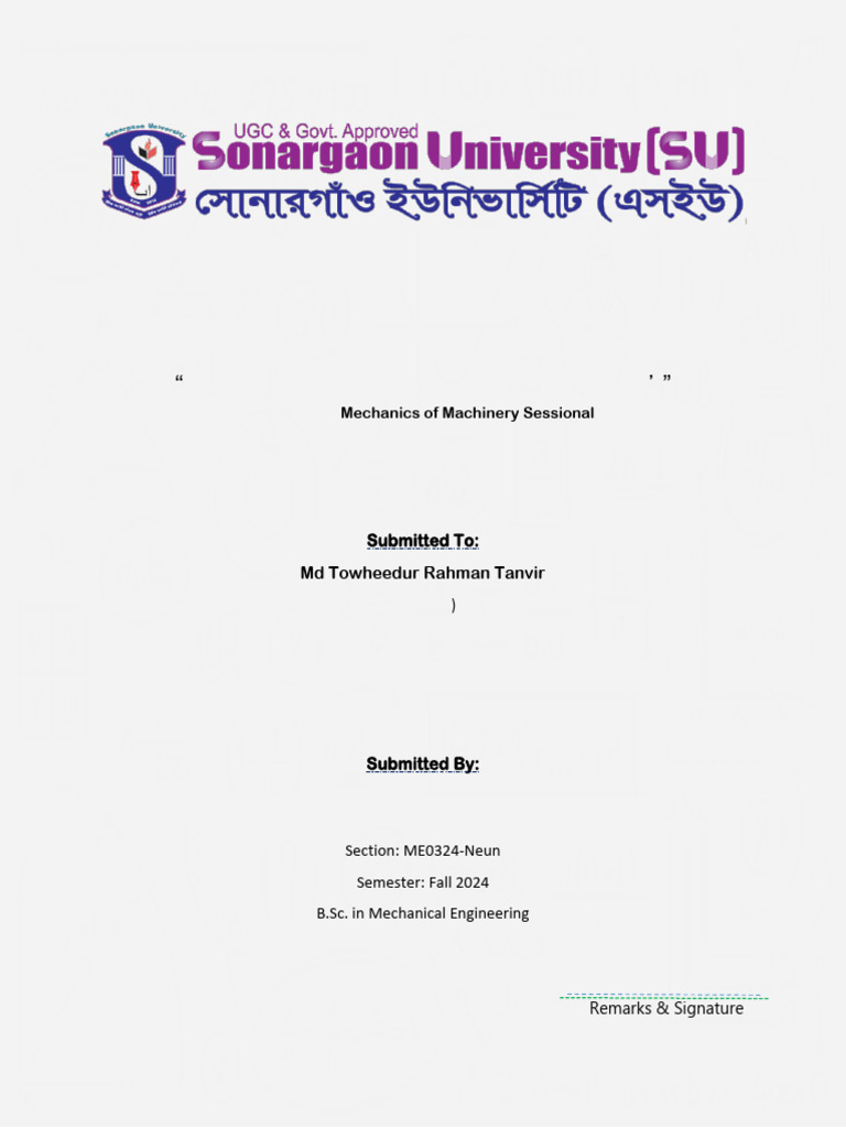 Mechanics of Machines Sessional Assignment Cover Page | PDF
