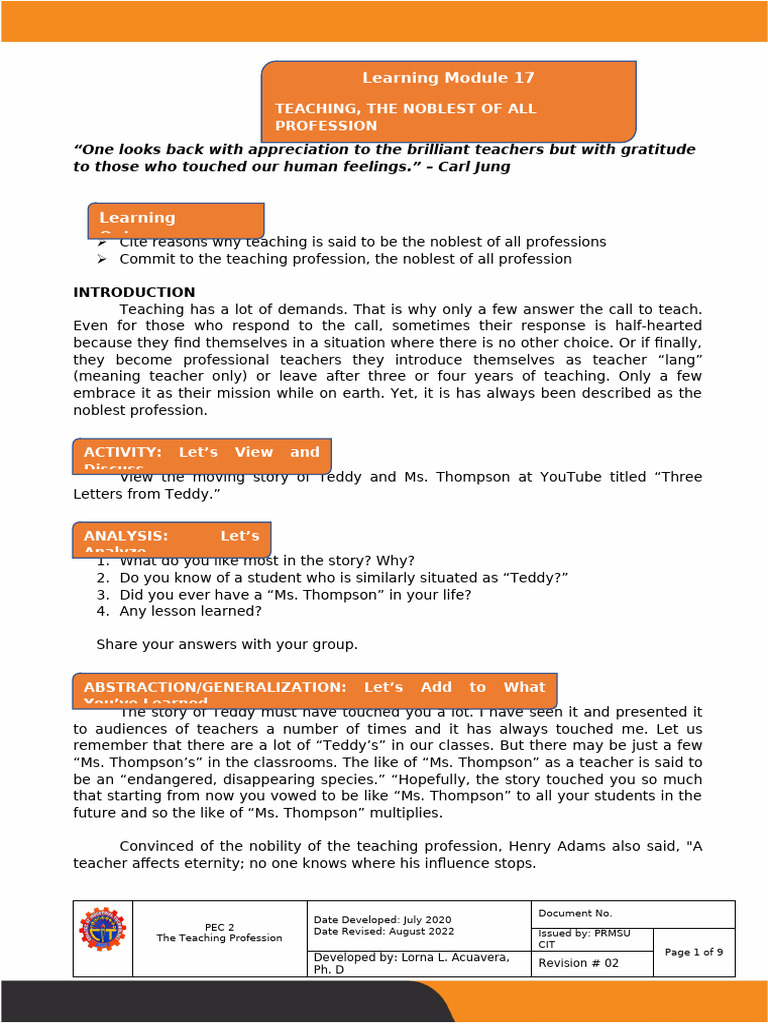Teaching: The Noblest Profession | PDF | Teachers