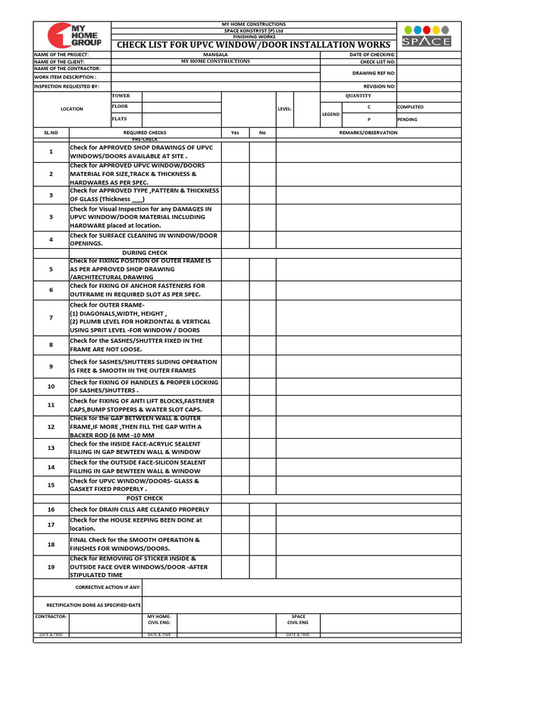 UPVC Window/Door Installation Checklist | PDF | Window | Door