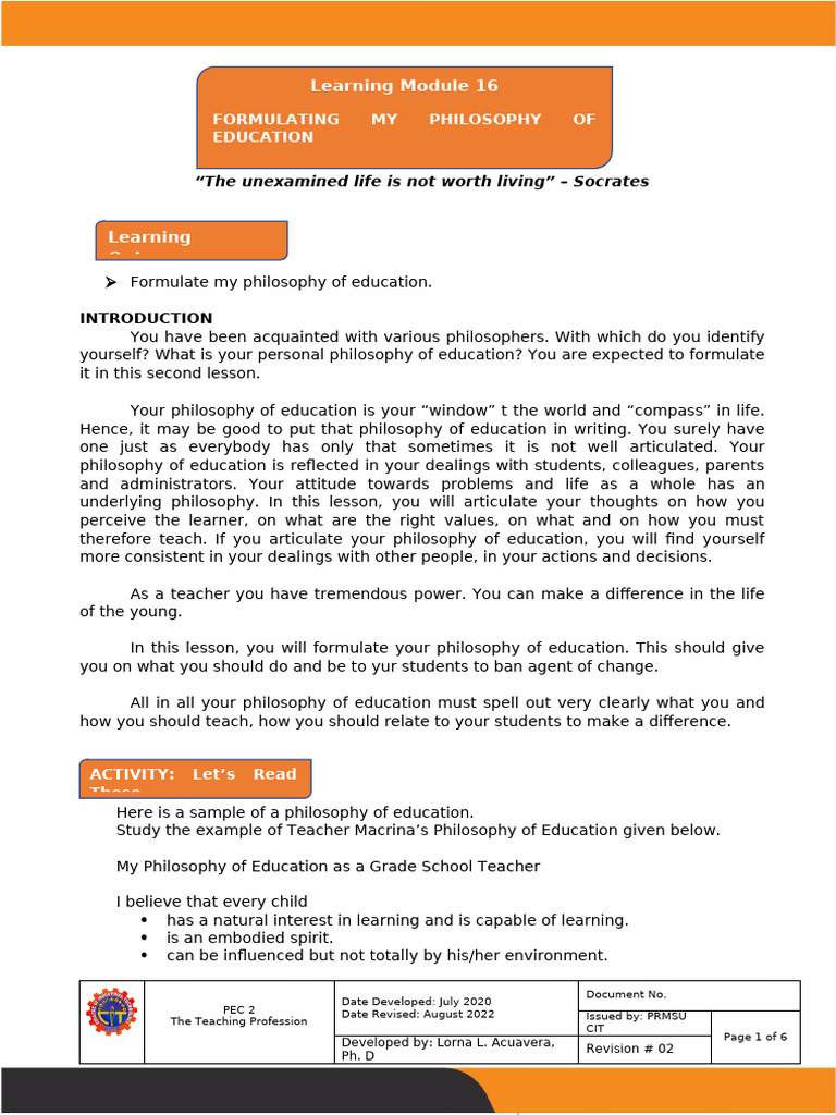 Formulating Your Education Philosophy | PDF | Philosophy Of Education | Teachers