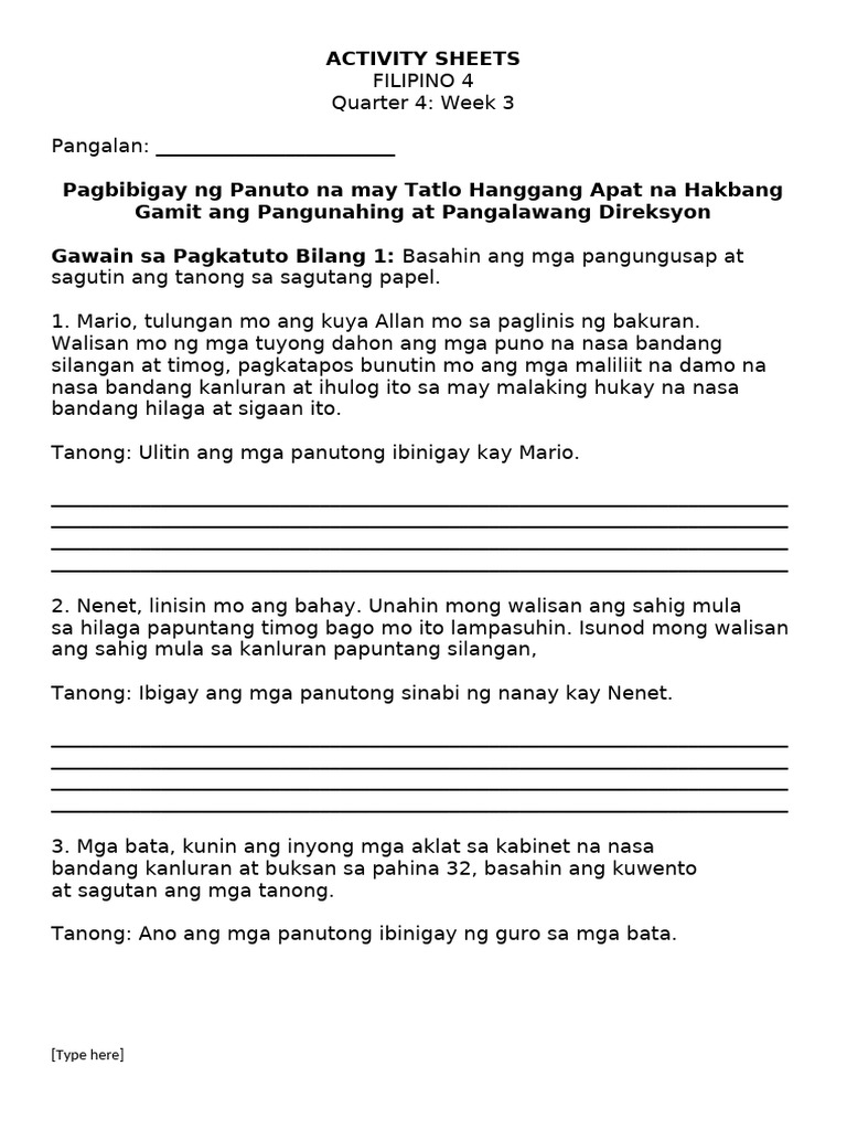 FILIPINO 4 Activity Sheet Q4 W3 | PDF