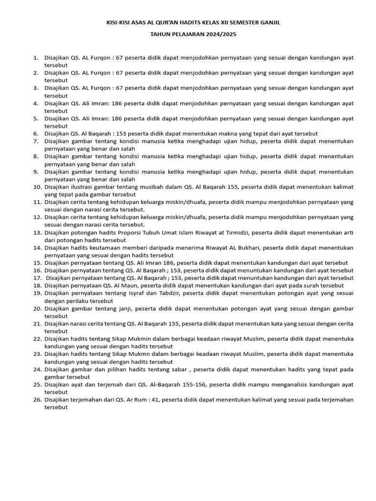 Kisi-Kisi Asas Al Qur'an Hadits 2024 Sem. Ganjil | PDF