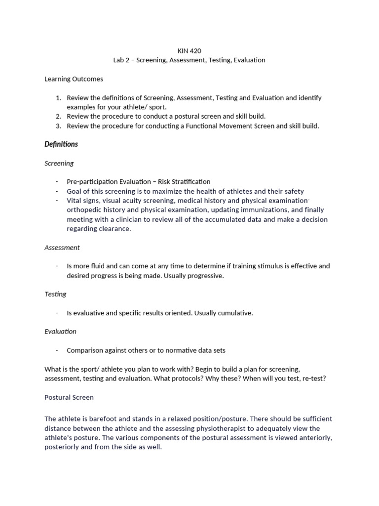 Lab 2 - Handout Screening, Testing, Assessment and Evaluation | PDF ...