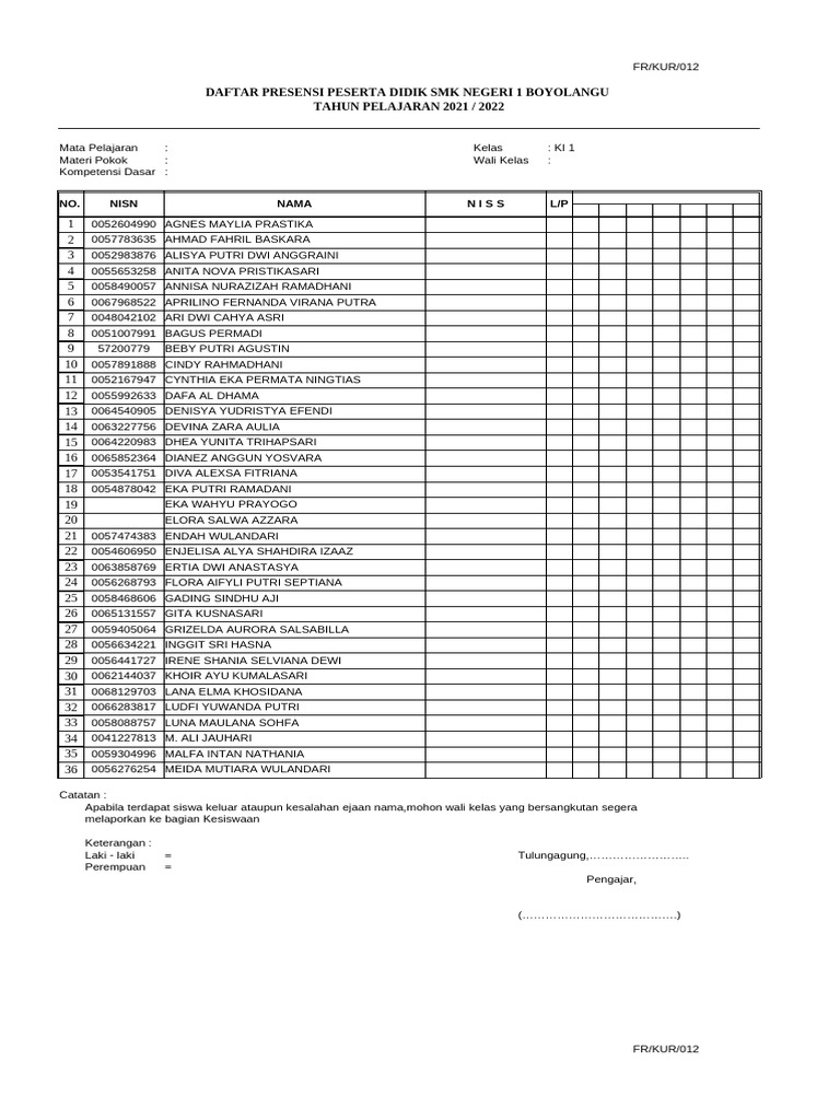 Absensi 2021 - 2022 Revisi New | PDF