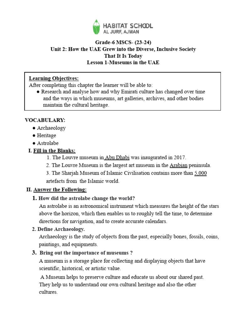 Grade 6 MSCS Term 2: UAE Culture | PDF | Museum | United Arab Emirates