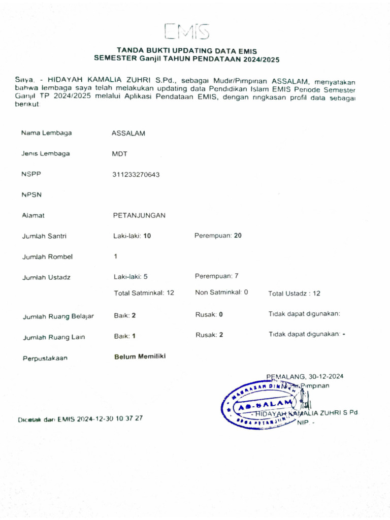 Contoh BAP-EMIS - ASSALAM | PDF