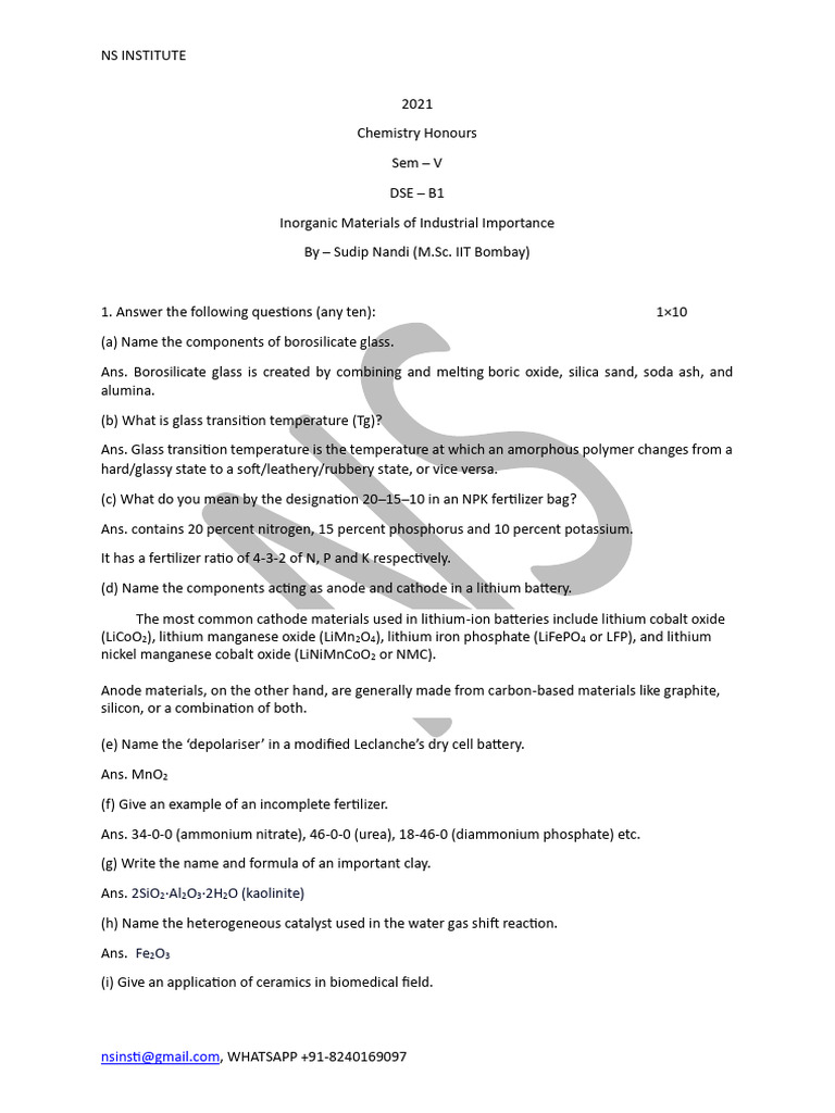 2021 Solved Answes DSE-B1 | PDF | Electrochemistry | Ceramics