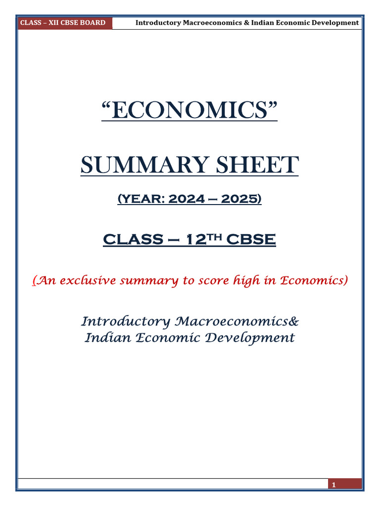 XII Economics Summary Sheet 2024-2025 | PDF | Gross Domestic Product ...