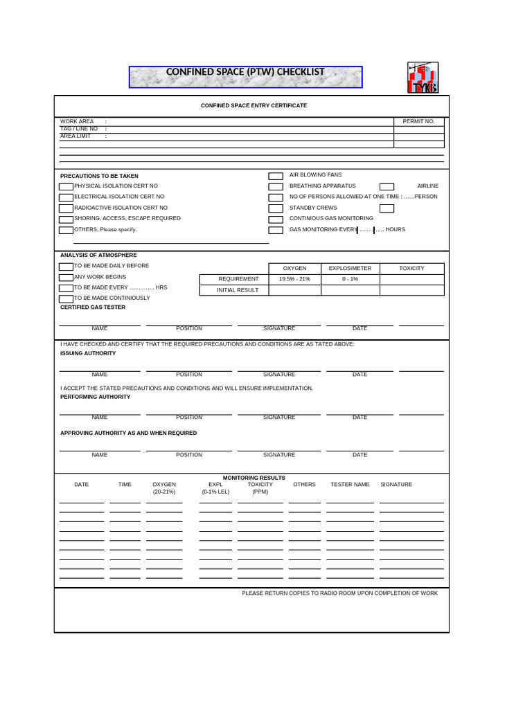 026 Confined Space (PTW) Checklist | PDF