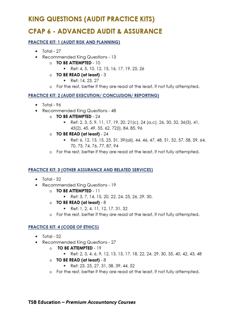 King Questions for Audit Practice Kits | PDF