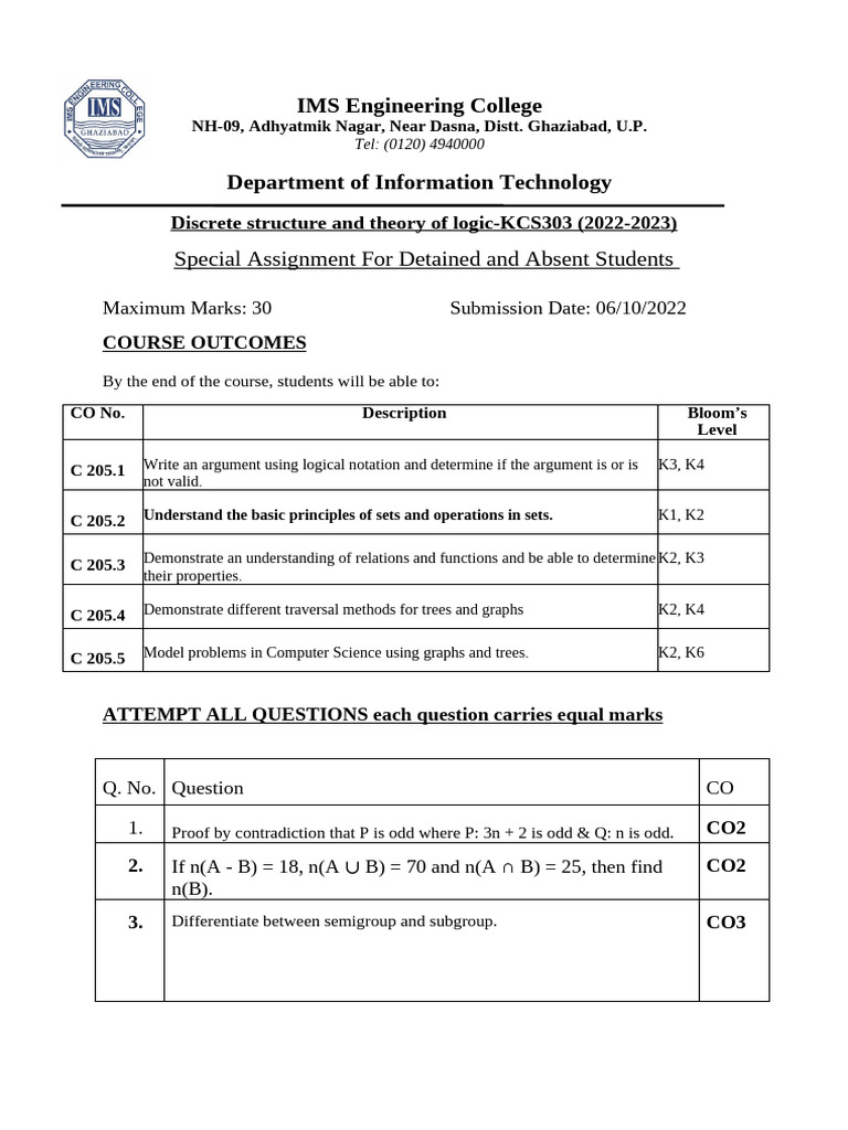 Discrete Structures Assignment KCS303 | PDF | Function (Mathematics ...
