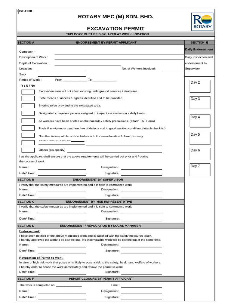 HSE-F038 Excavation Permit | PDF | Safety | Occupational Safety And Health