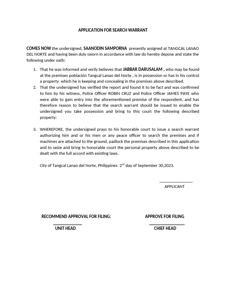 Search Warrant Application for Tangcal | PDF